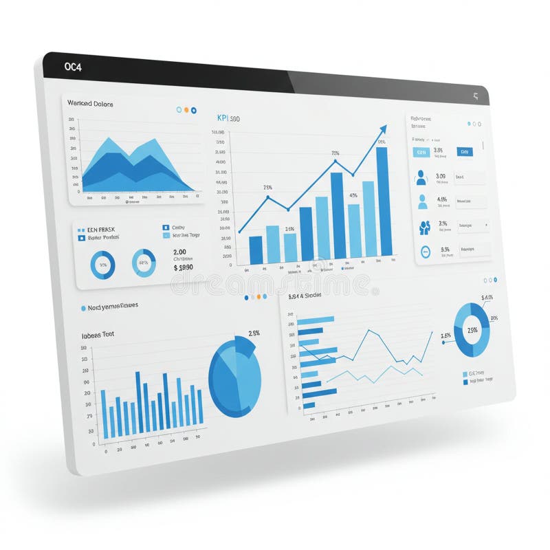 A Digital Dashboard Displays Multiple Data Visualizations, Including Bar Charts, Pie Stock ...
