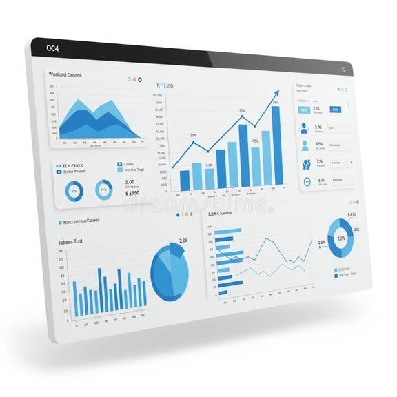 A Digital Dashboard Displays Multiple Data Visualizations, Including Bar Charts, Pie Stock ...