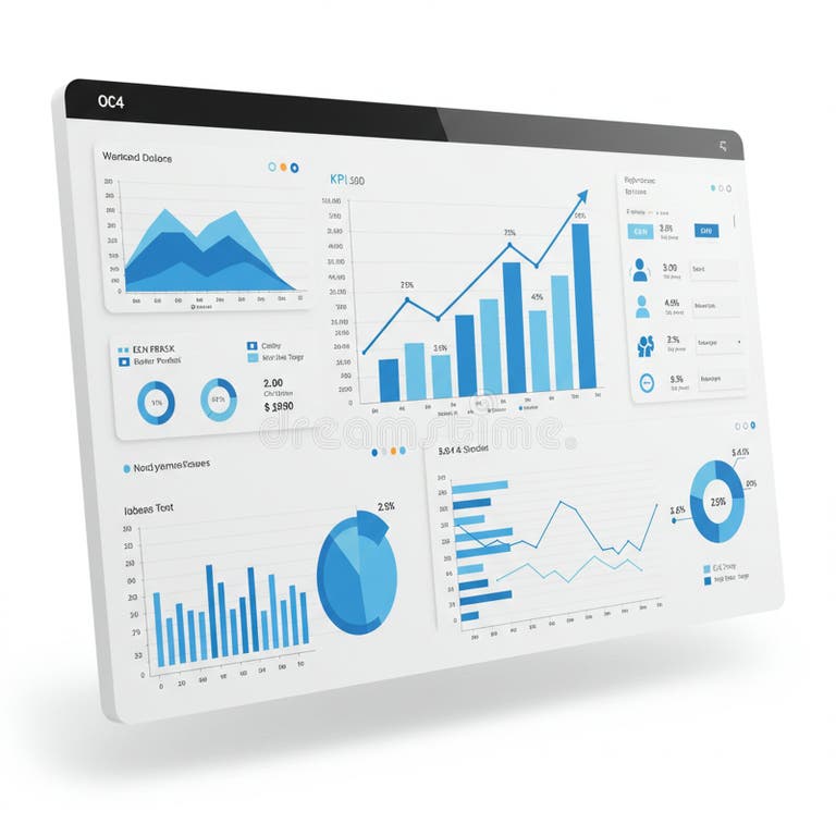 A Digital Dashboard Displays Multiple Data Visualizations, Including Bar Charts, Pie Stock ...