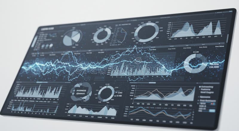 A Digital Dashboard Features Various Data Visualization Elements, Including Pie Charts, Stock ...