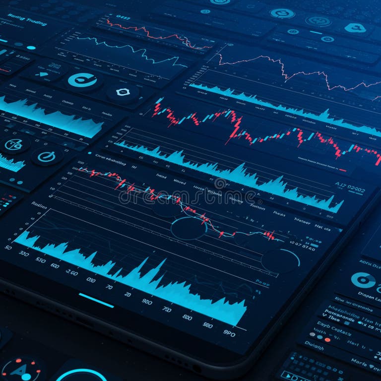 Digital Dashboard Featuring Multiple Data Visualizations. Charts and Graphs Display Stock ...