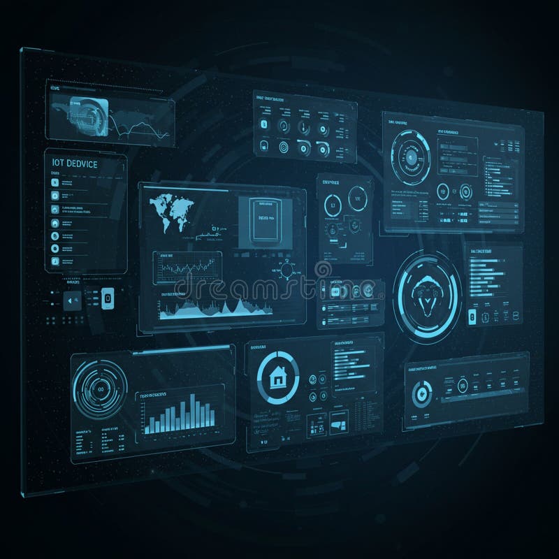 Digital Dashboard Featuring Multiple Holographic-style Panels. Displays Include Stock ...
