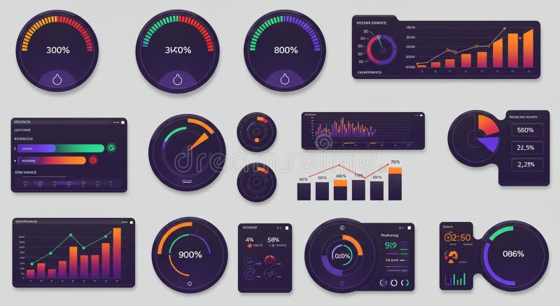 Digital Dashboard Featuring Multiple UI Elements Including Circular Dials, Bar Charts, Stock ...