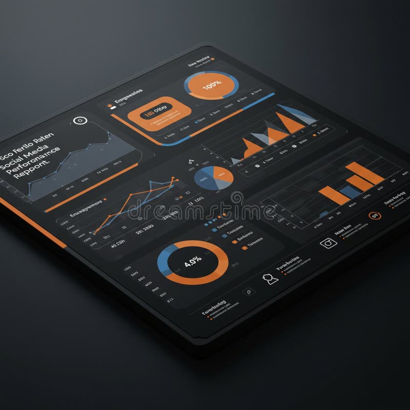A Digital Dashboard Featuring Various Charts and Graphs with a Dark Theme. Orange Stock ...