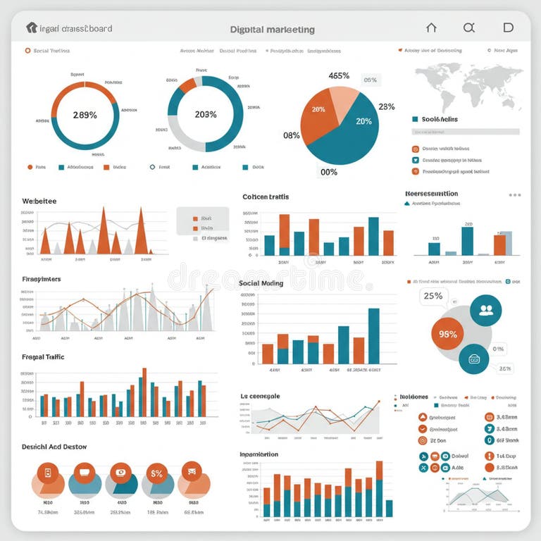 A Digital Dashboard Featuring Various Charts and Graphs. it Includes ...