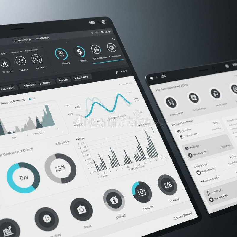 Digital Dashboard Interface Displayed on Two Tablet Screens. Features Include Various Stock ...