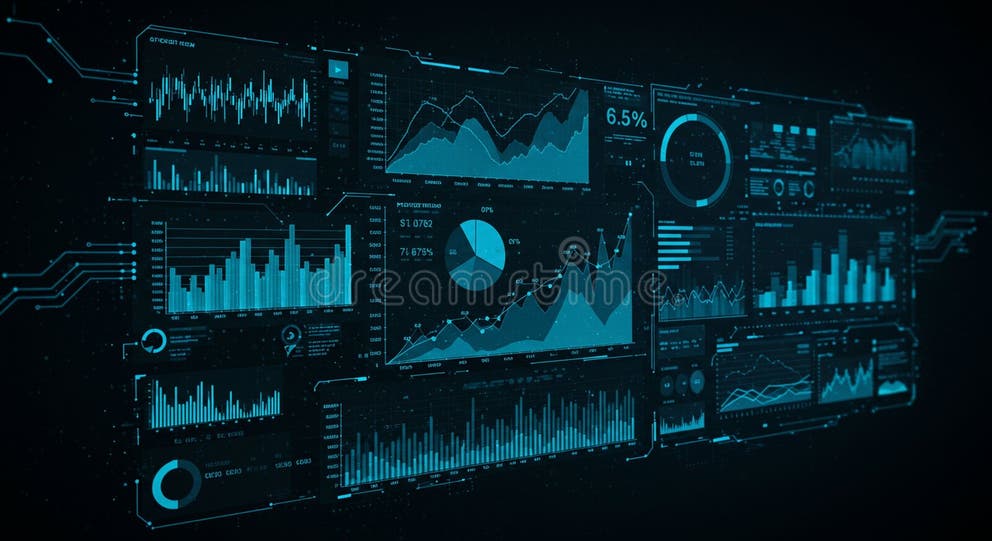 A Digital Dashboard Interface Displaying a Variety of Data Visualizations, Including Bar Stock ...