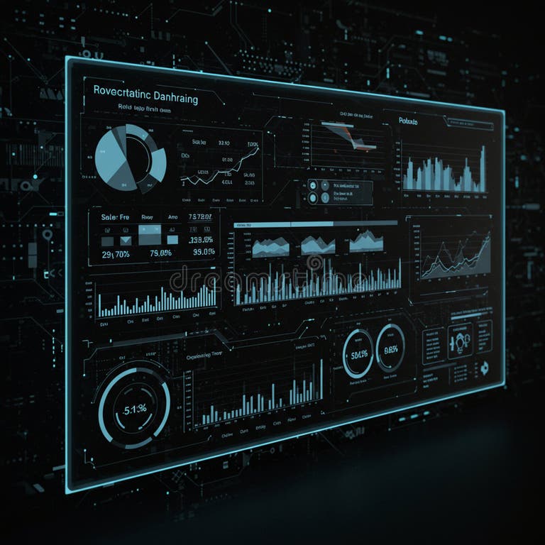 Digital Dashboard Interface Displaying Various Data Visualizations. Charts Include Pie Stock ...