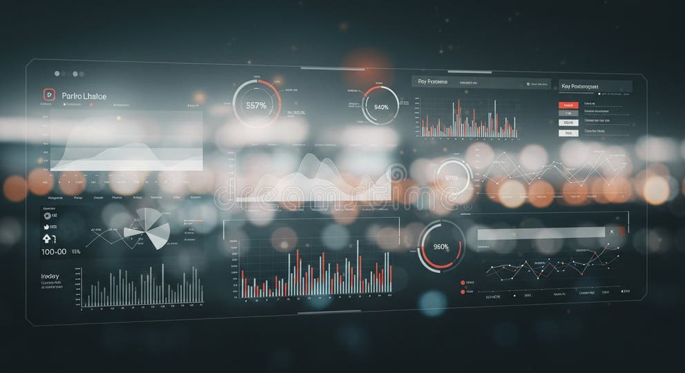 Digital Dashboard Interface Displaying Various Data Visualizations, Including Bar Stock ...