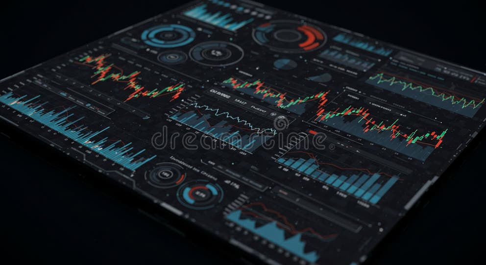 Digital Dashboard Interface Featuring Various Data Visualizations, Including Line Graphs, Stock ...