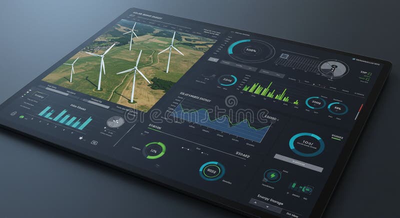 Digital Dashboard Interface on a Tablet Displaying Wind Farm Data. the ...