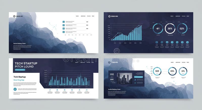 Digital Dashboard Layout Featuring Four Panels with Dark Blue and White ...