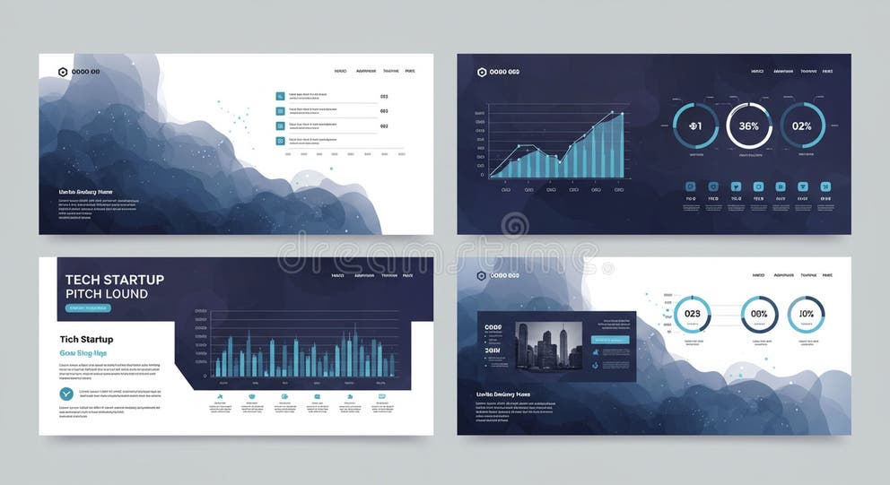 Digital Dashboard Layout Featuring Four Panels with Dark Blue and White ...