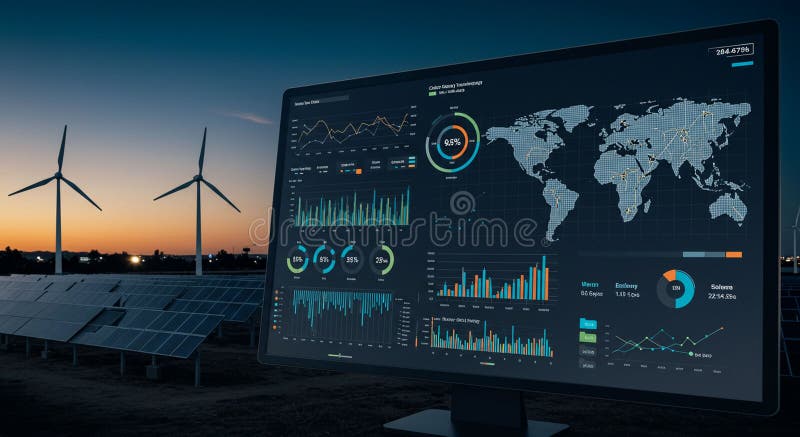 A Digital Dashboard on a Monitor Displays Various Energy-related Graphs ...