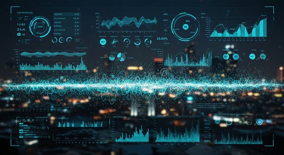 Digital Dashboard Overlay Features Various Graphs, Charts, and Circular Data Displays Stock ...