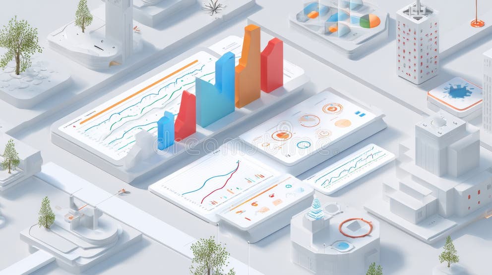 Digital Dashboard Displays Financial Graphs in a Clean Isometric Style ...