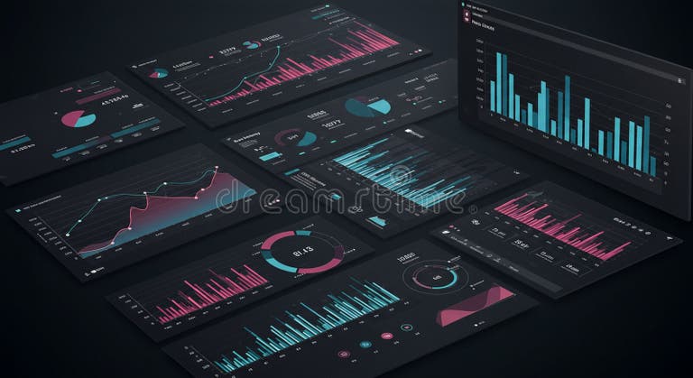 Digital Dashboards Displaying Various Data Visualizations, Including Bar Graphs, Line Stock ...