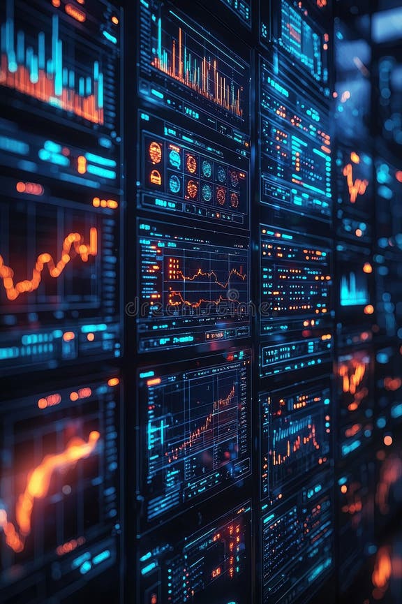 Digital Dashboards with Glowing Data Visualizations on Screen Layout in ...