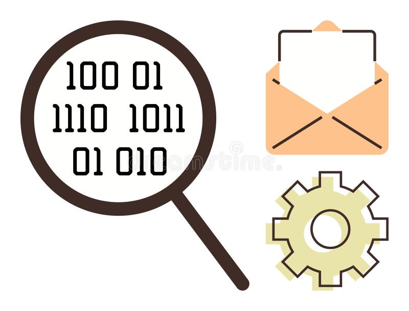 Digital Data Analysis with Binary Code Under Magnifying Glass, Email Icon, and Gear for Process ...