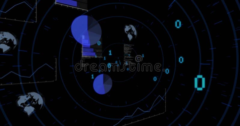 Digital Data And Binary Code Animation Over Rotating Radar Screen With