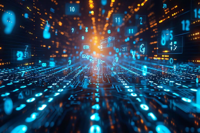 Digital Data and Binary Code on Dark Background, Futuristic Technology Concept with Glowing Blue ...