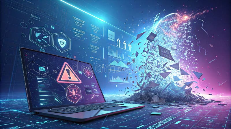 Digital Data Breach Concept with Laptop and Exploding Data Visuals ...