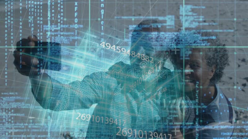 Digital Data and Coding Animation Over People Interacting with Virtual Interface Stock Video ...