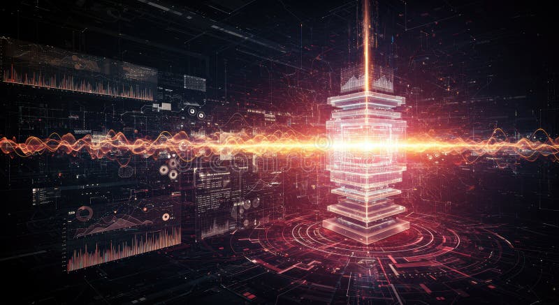 Digital Data Core Visualization Featuring Glowing Sound Waves and ...