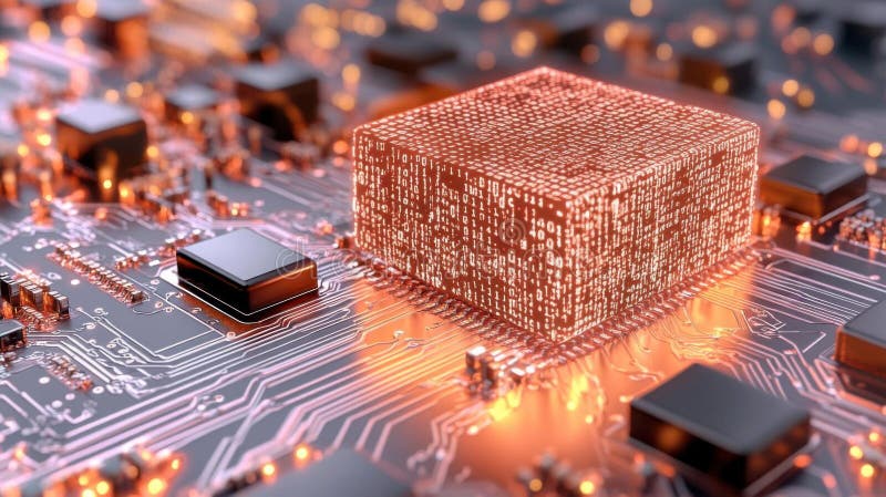 Digital Data Cube on Circuit Board Stock Photo - Image of artificial ...