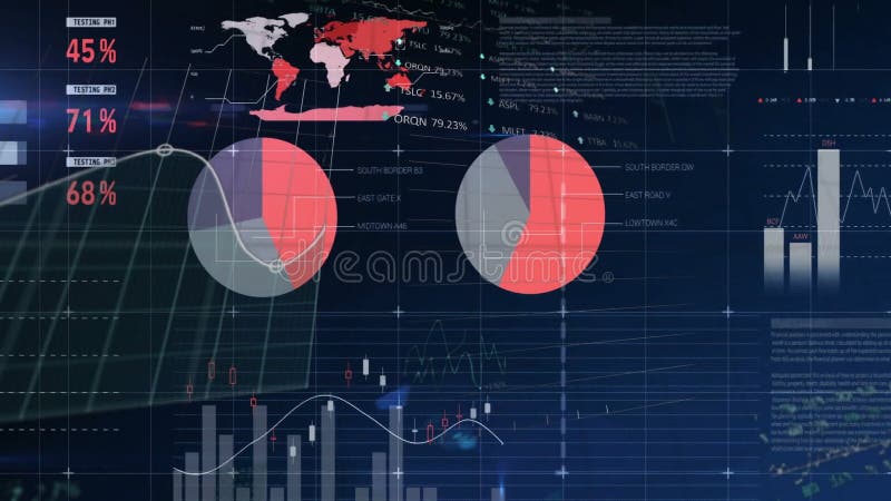 Digital Data Dashboard Animating on Dark Blue Interface, Showing World Map, Pie Charts, Bar ...