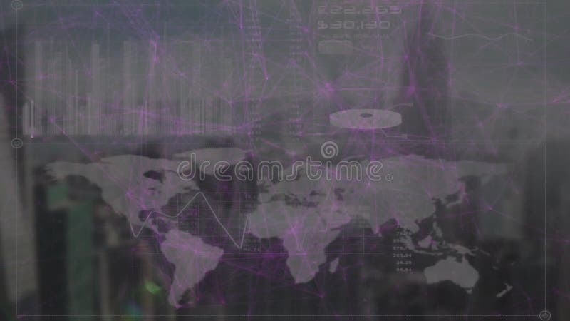 Digital Data Dashboard Displaying Global Network Map with Charts and Metrics Over Blurred Office ...