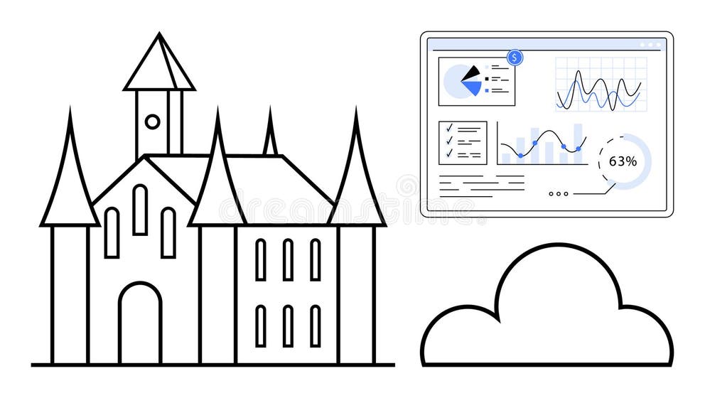 Digital Data Dashboard Next To Classic Castle with Cloud Connection ...