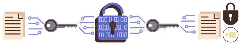 Digital Data Encryption Process with Lock, Key, and Documents Stock Illustration - Illustration ...