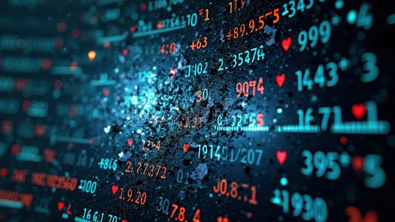 Digital Data Explosion: Dynamic Financial Chart with Binary Code and Heart Icons Stock ...