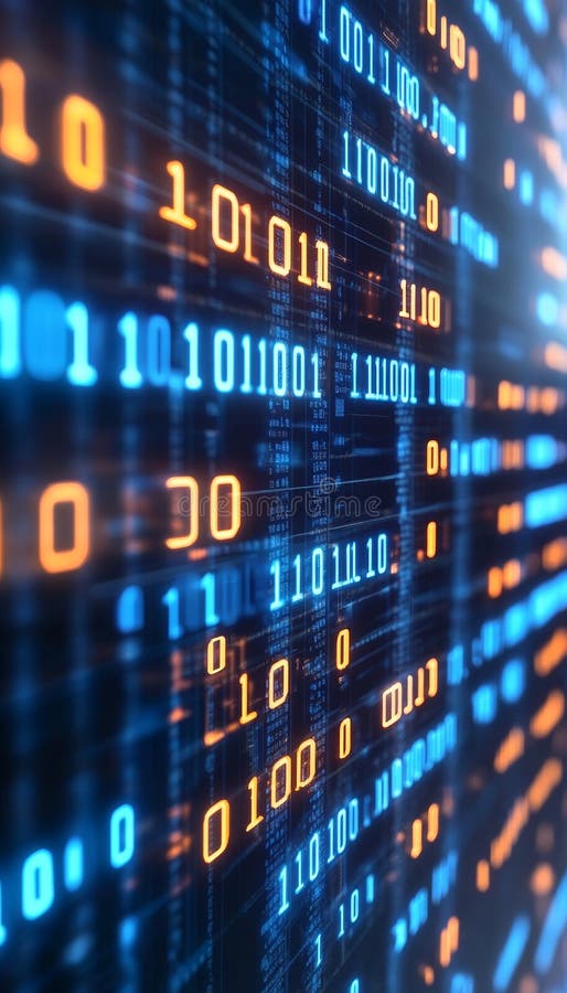 Digital Data Flow Blue and Orange Binary Streams of Code Flowing Across a Black Screen Stock ...