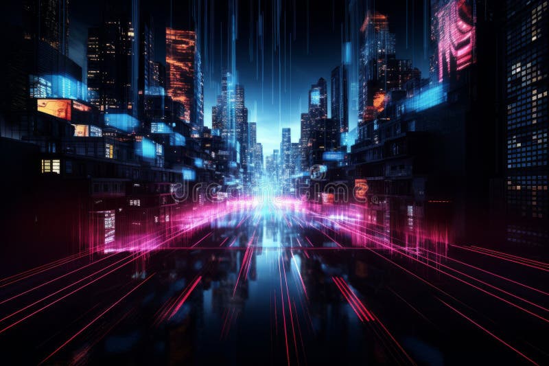 Digital Data Flow with Bright Neon Lights Stock Illustration ...