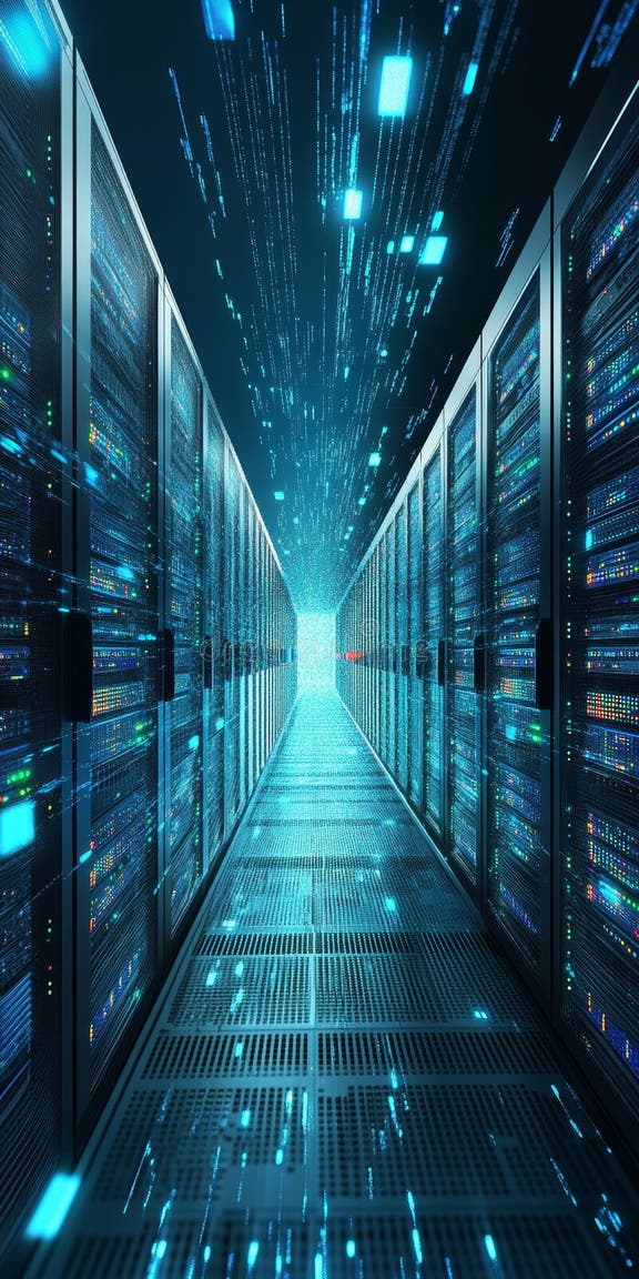 Digital Data Flow in a Futuristic Network Space with Servers and Bright ...