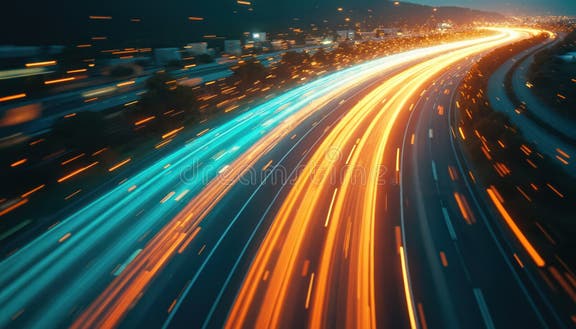 Digital Data Flow on Highway Road with Light Trails. Motion Blur ...