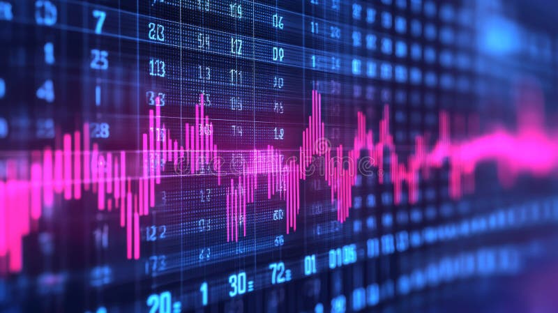 Digital Data Flow Pink Line Chart on Blue Matrix with Numbers and ...