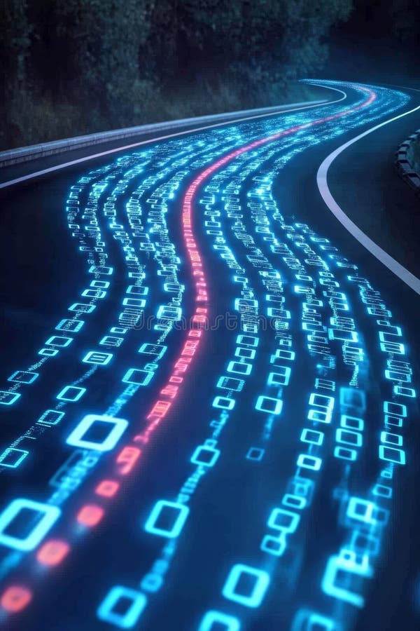 Digital Data Flow on Road, Cyber Global Communication and Coding, Concept of Information ...