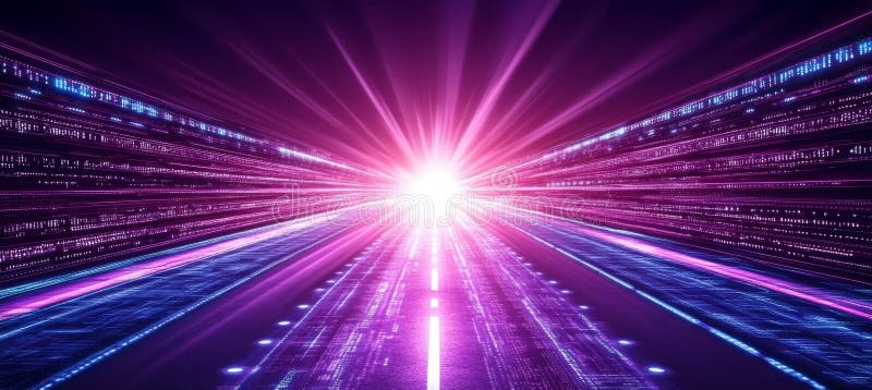 Digital Data Flow on Road with Futuristic Lines and Bright Light ...