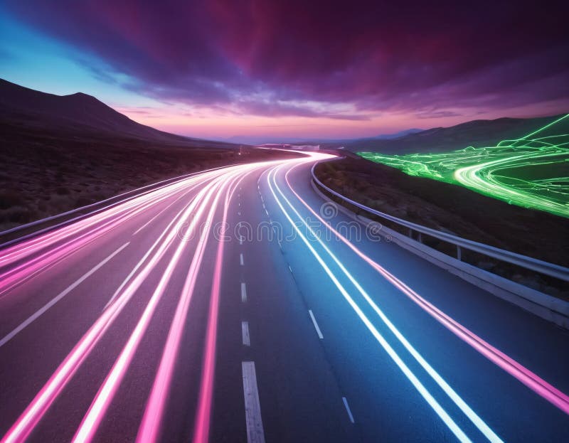 Digital Data Flow on Road with Motion Blur To Create Vision of Fast ...