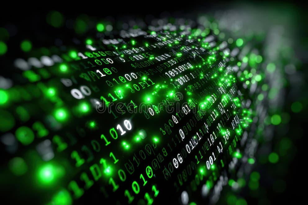 Digital Data Flow Showcases Binary Numbers Illuminated in Green Light ...