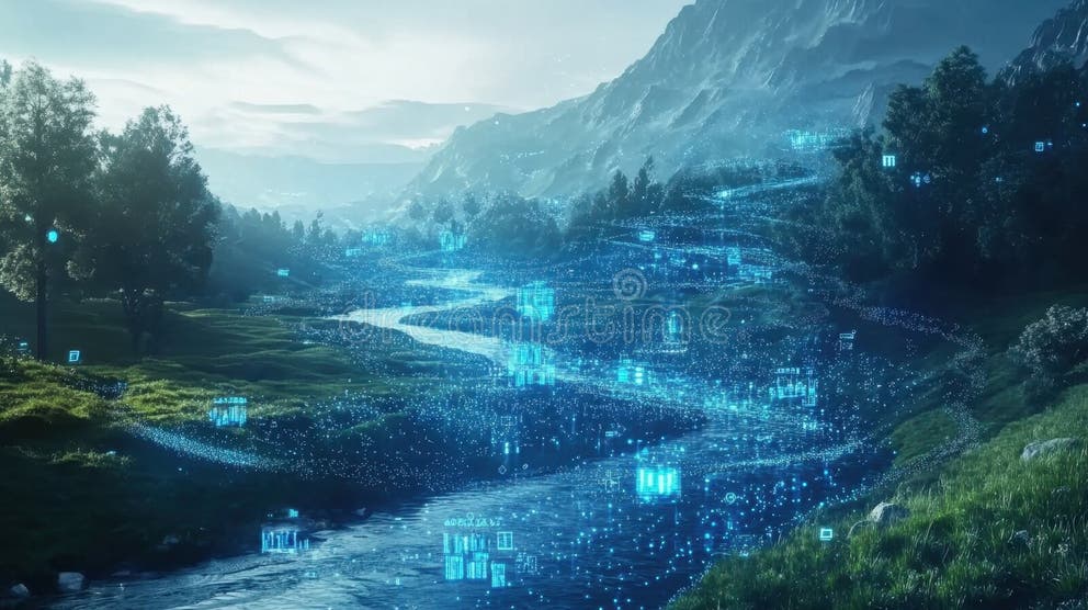 Digital Data Flowing through Mountain Valley Landscape Stock Image ...
