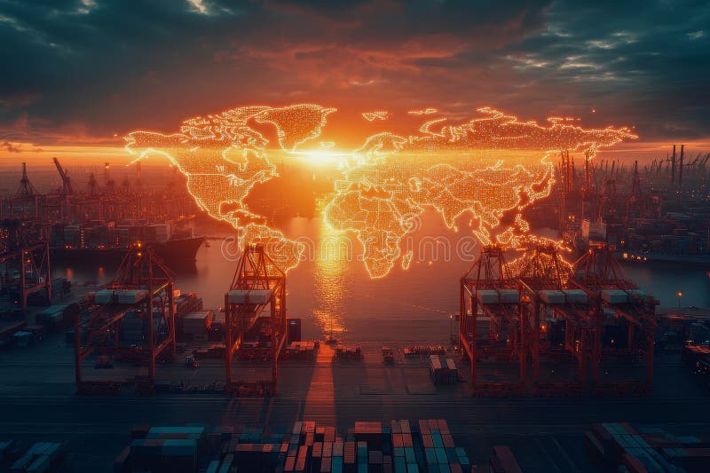 Digital Data Flows Blend with a Shipping Port at Sunset, Symbolizing ...