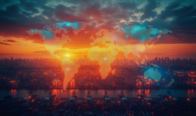 Digital Data Flows Blend with a Shipping Port at Sunset, Symbolizing ...
