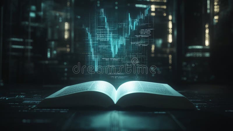 Digital Data Graphs Emerging from an Open Book in a High-tech Library ...