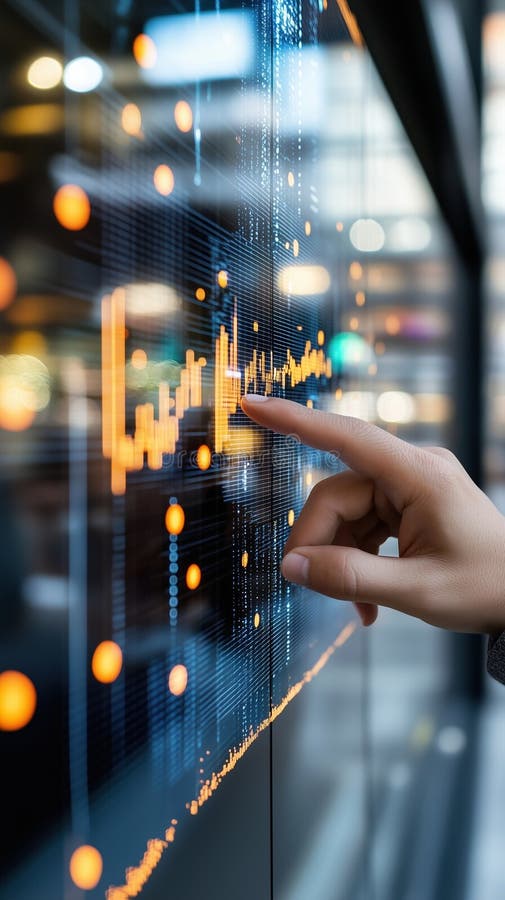Digital Data Hand Interacting Orange Chart Financial Screen Display ...