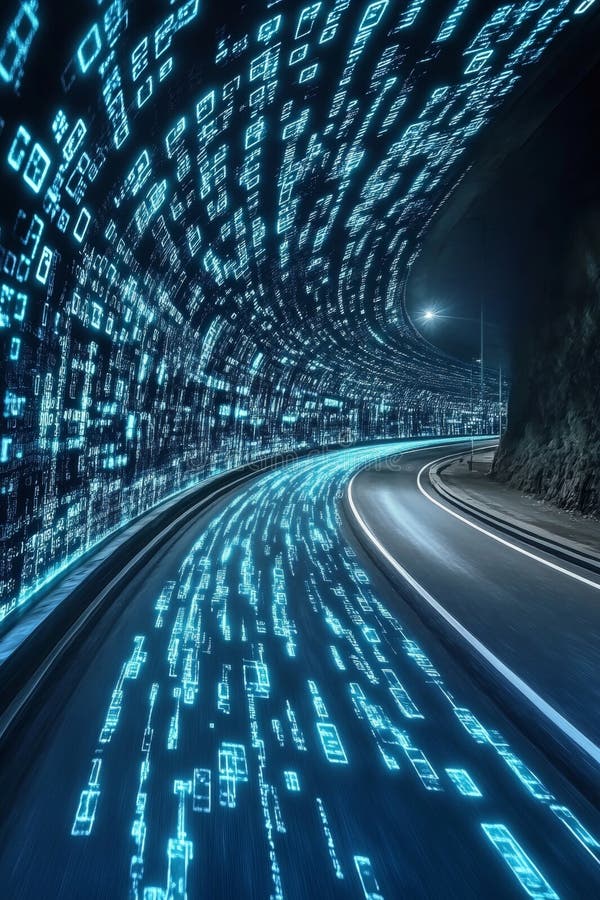Digital Data Highway Code Flow on a Road, Symbolizing Fast Information ...