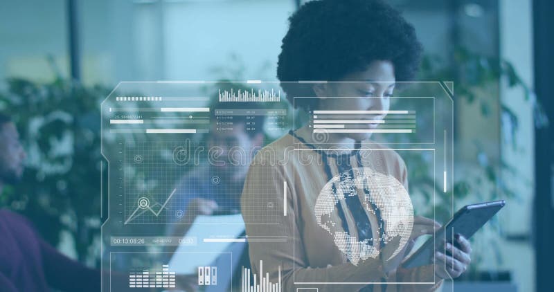 Digital Data Interface Animation Over Woman Using Tablet in Office ...